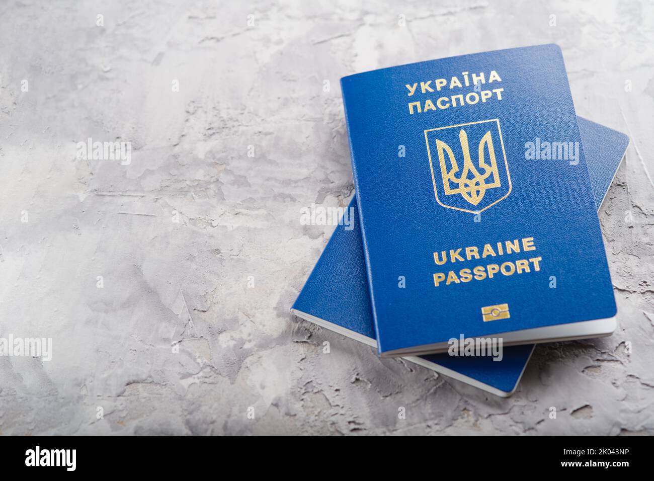 Two Ukrainian biometric passports on a gray background. Minimalism ...