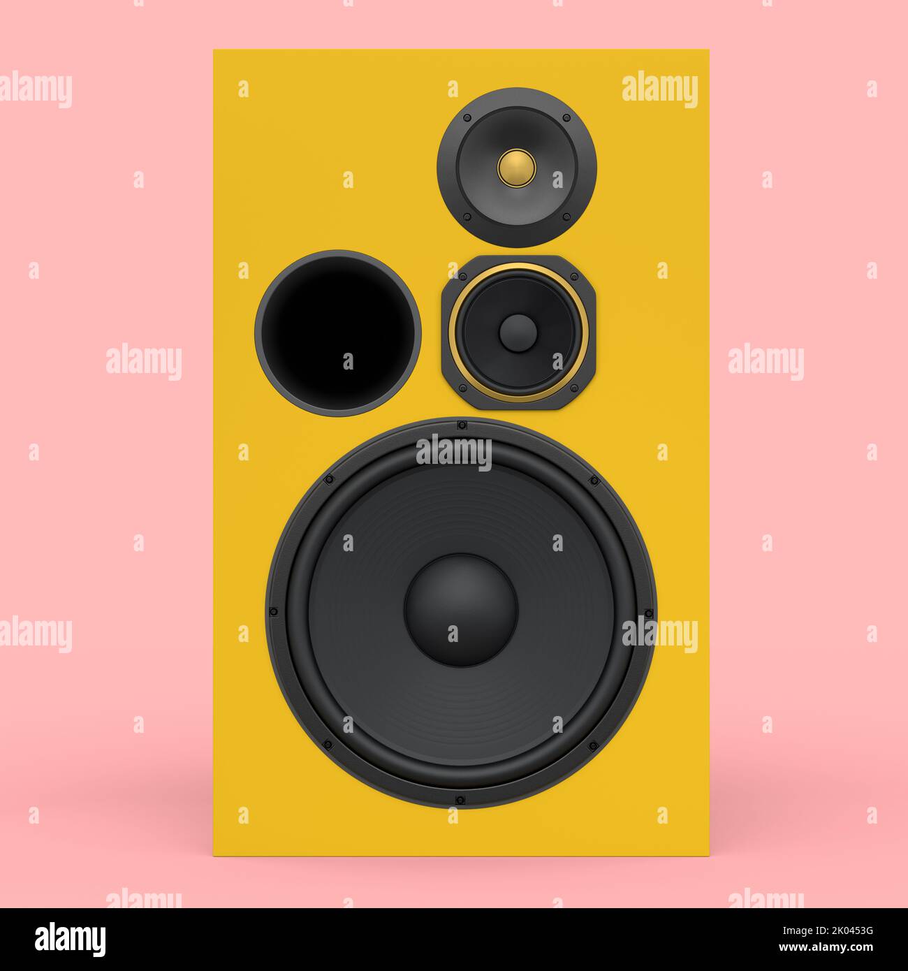 Hi-fi speakers with loudspeakers isolated on pink background. 3d render ...