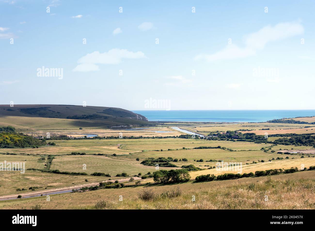 Aerial view of the Cuckmere river and the English channel on a summer ...