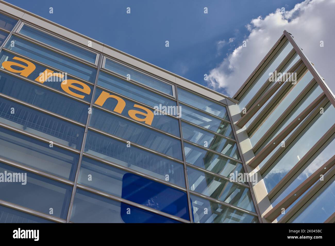 Glass facade of an event arena on the Expo Plaza in Hanover, Germany ...