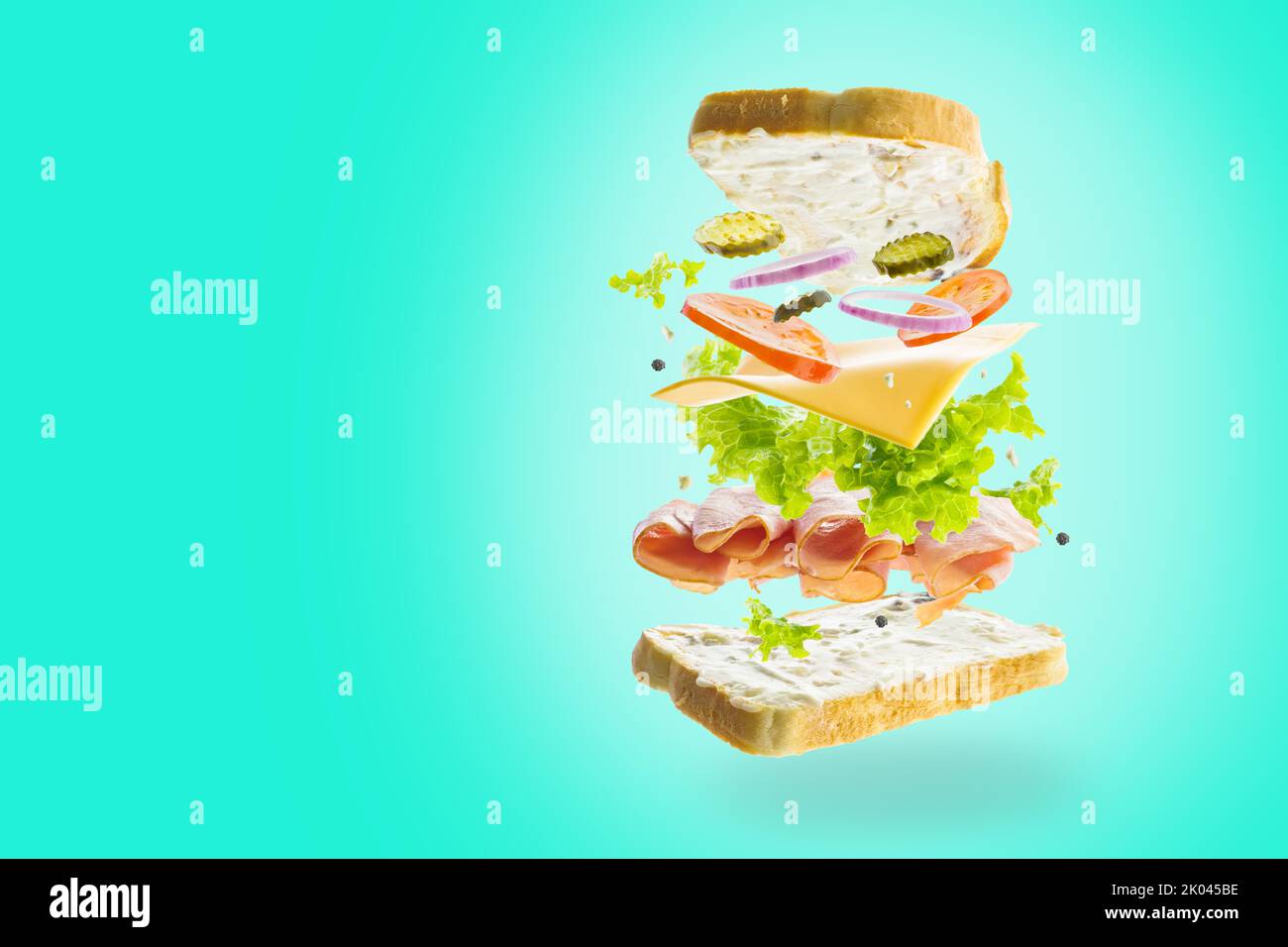 Sandwich with meat, vegetables, herbs and cheese in frozen flight on a ...