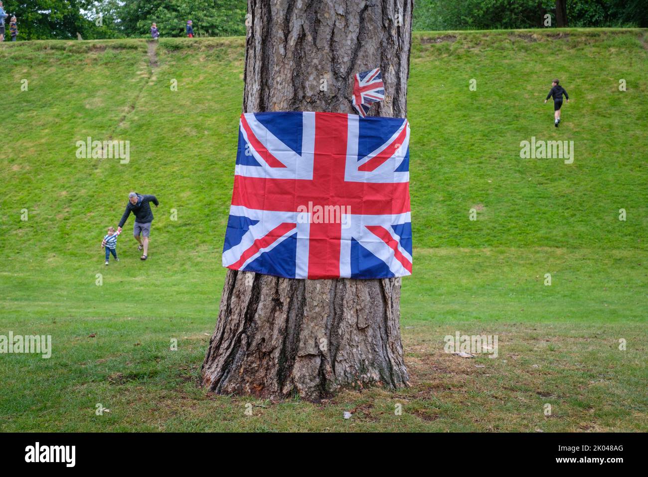 A tree trunk decorated with the Union Flag at a Platinum Jubilee party ...