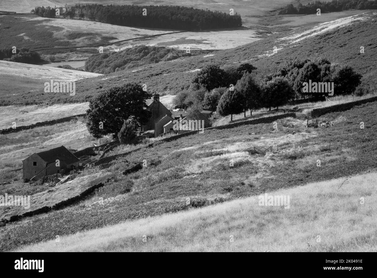Black and white landscape image of abandoned derelict farm buildings in ...