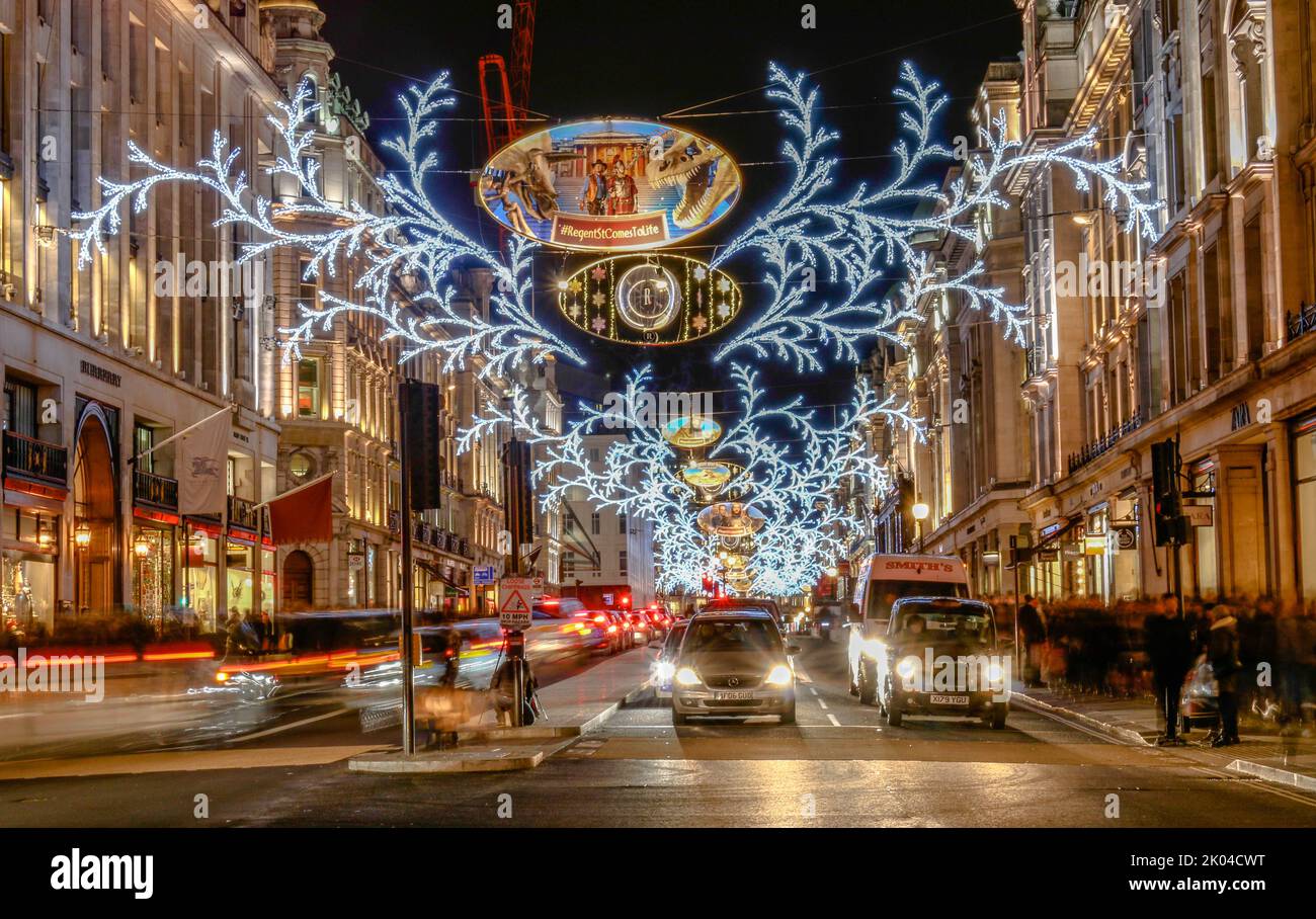 Traffic and Christmas lights at Regent Street, London UK Stock Photo ...