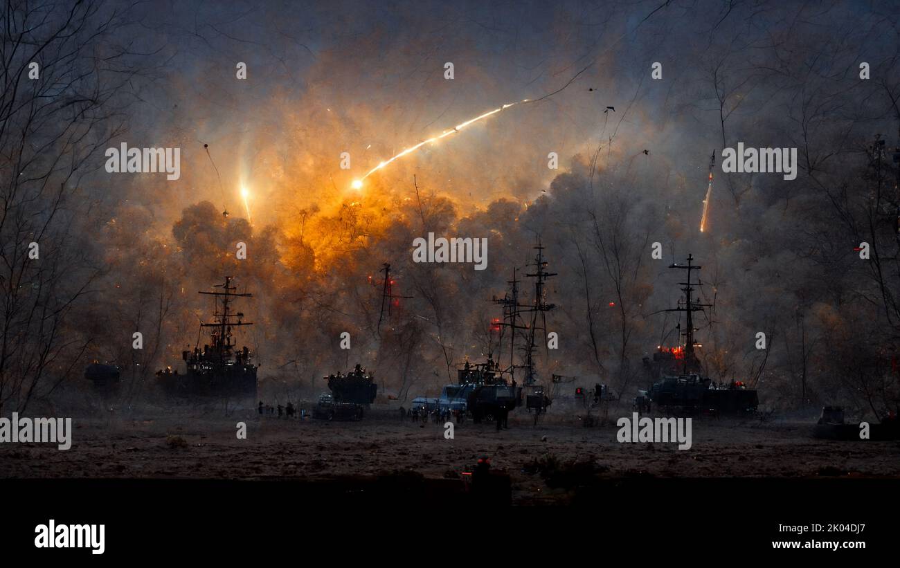 Abstract background of war, launched rockets and smoke clouds view ...