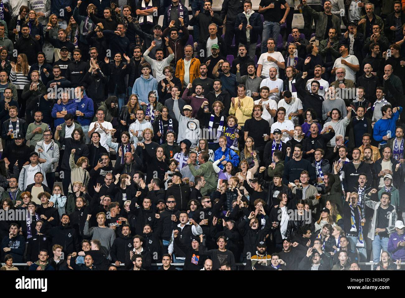 Beerschot's supporters pictured in the stands during a soccer match ...