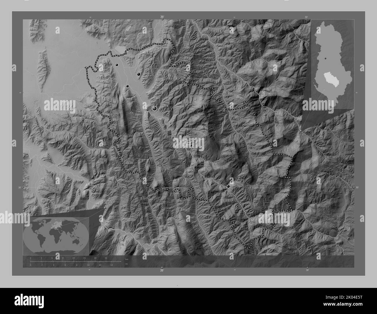 Berat, county of Albania. Grayscale elevation map with lakes and rivers ...
