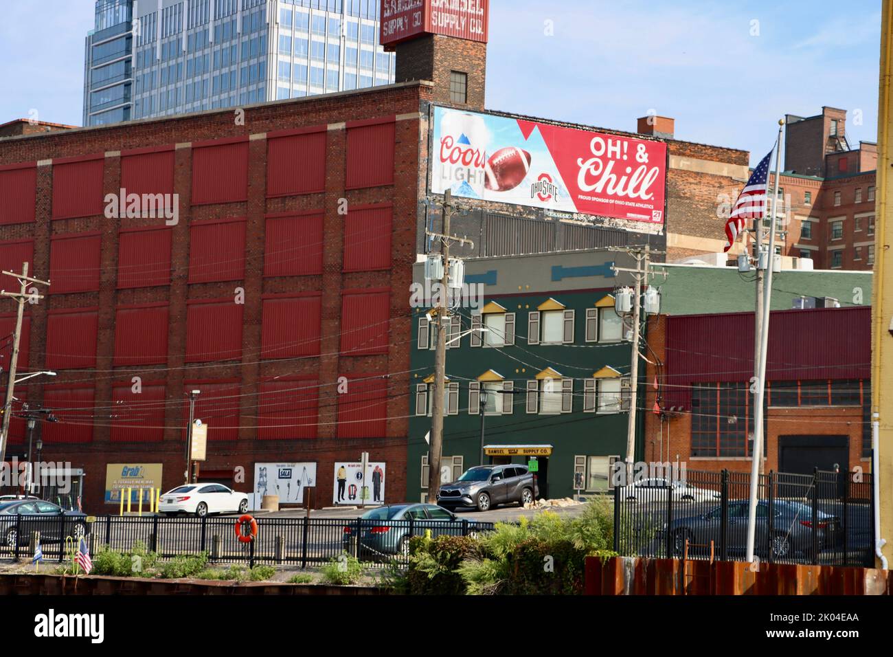 Buildings by Cuyahoga river in the Flats area of Cleveland, Ohio Stock ...