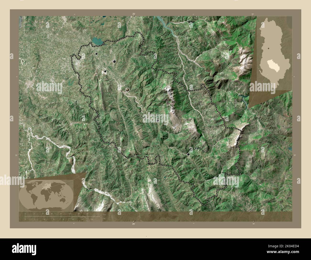 Berat, county of Albania. High resolution satellite map. Locations of major cities of the region ...