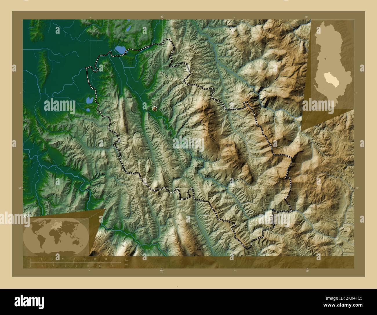 Berat, county of Albania. Colored elevation map with lakes and rivers ...