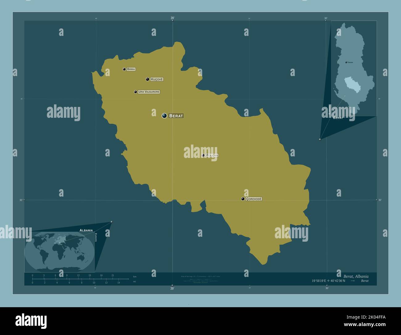 Berat, county of Albania. Solid color shape. Locations and names of ...