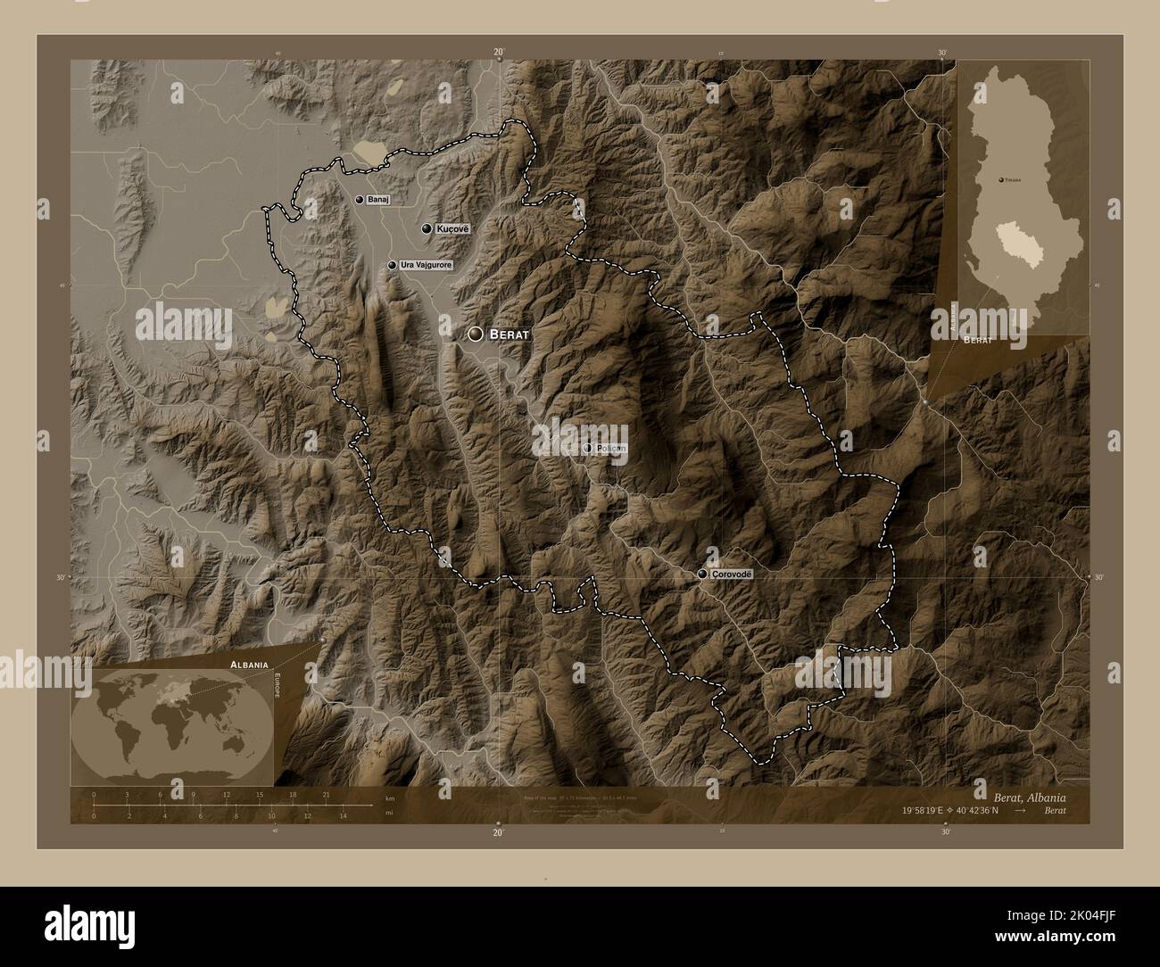 Berat, county of Albania. Elevation map colored in sepia tones with ...