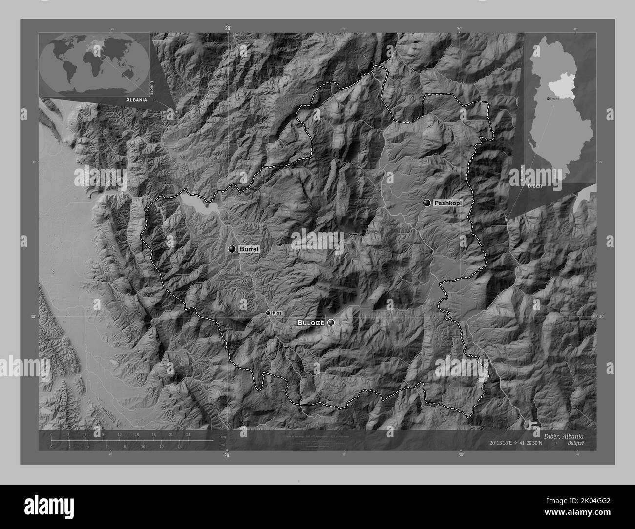 Diber, county of Albania. Grayscale elevation map with lakes and rivers ...