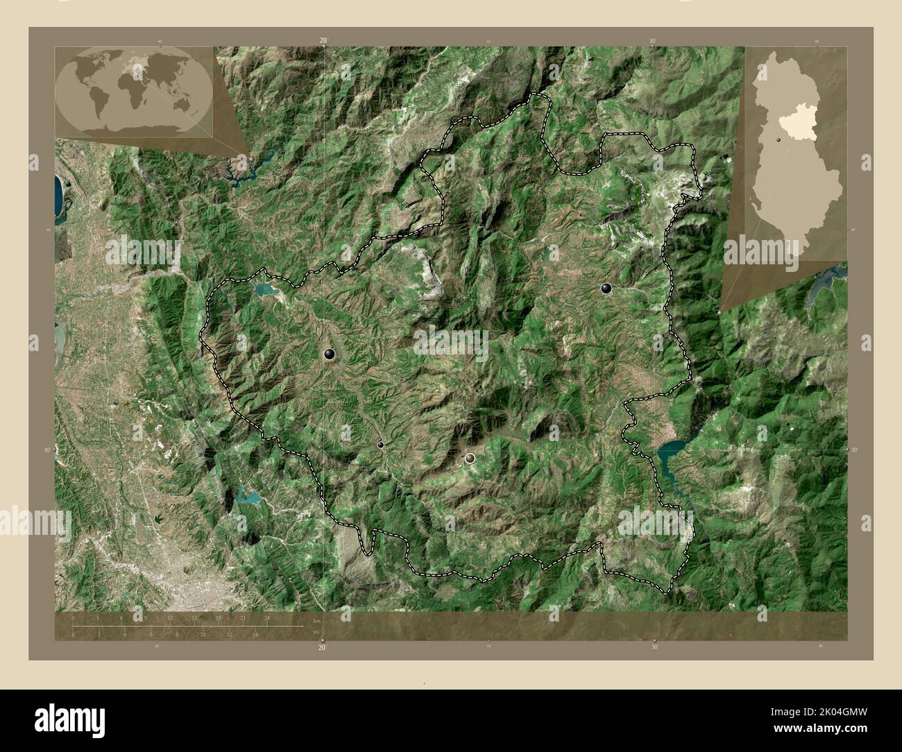 Diber, county of Albania. High resolution satellite map. Locations of major cities of the region ...