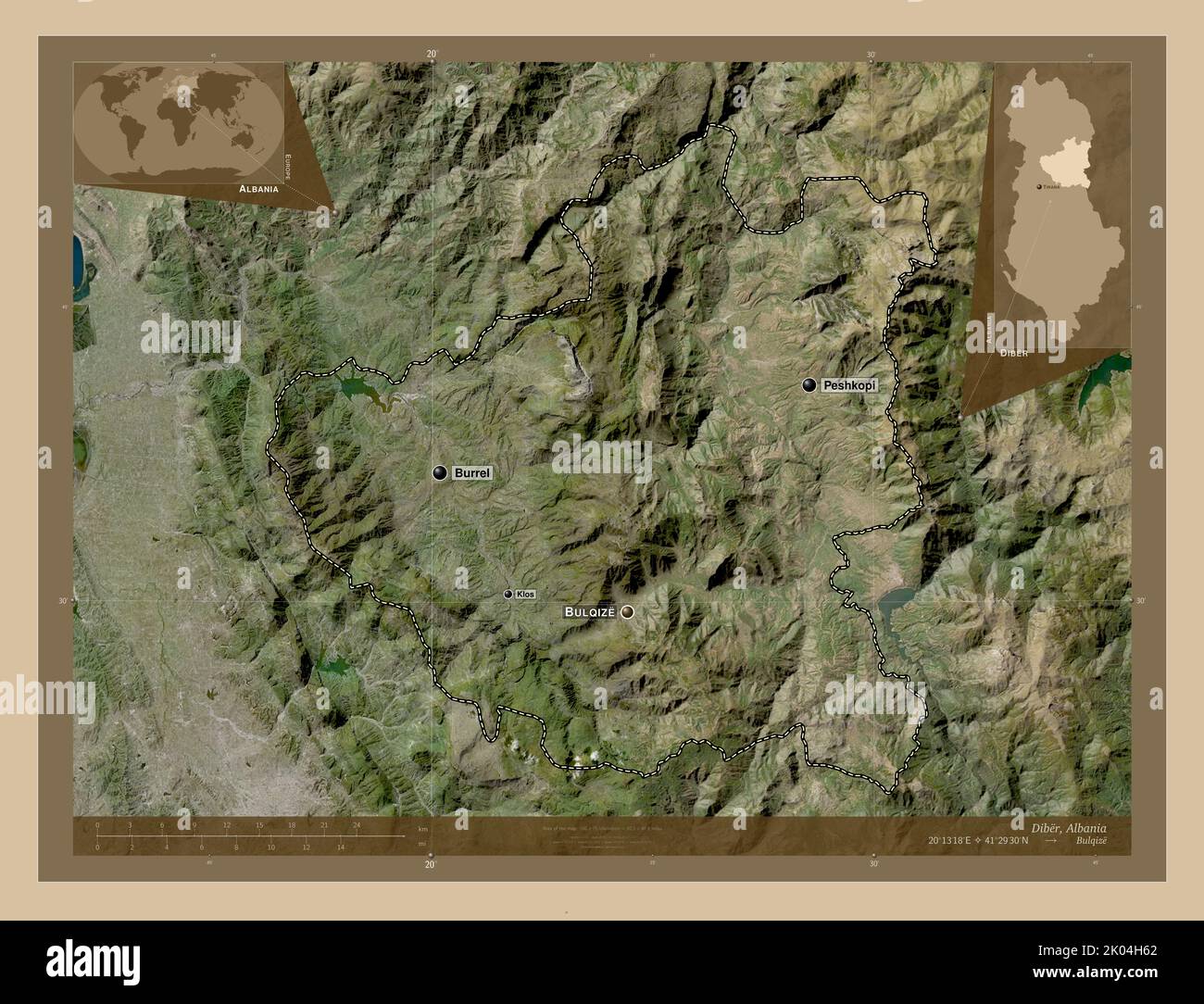 Diber, county of Albania. Low resolution satellite map. Locations and names of major cities of ...