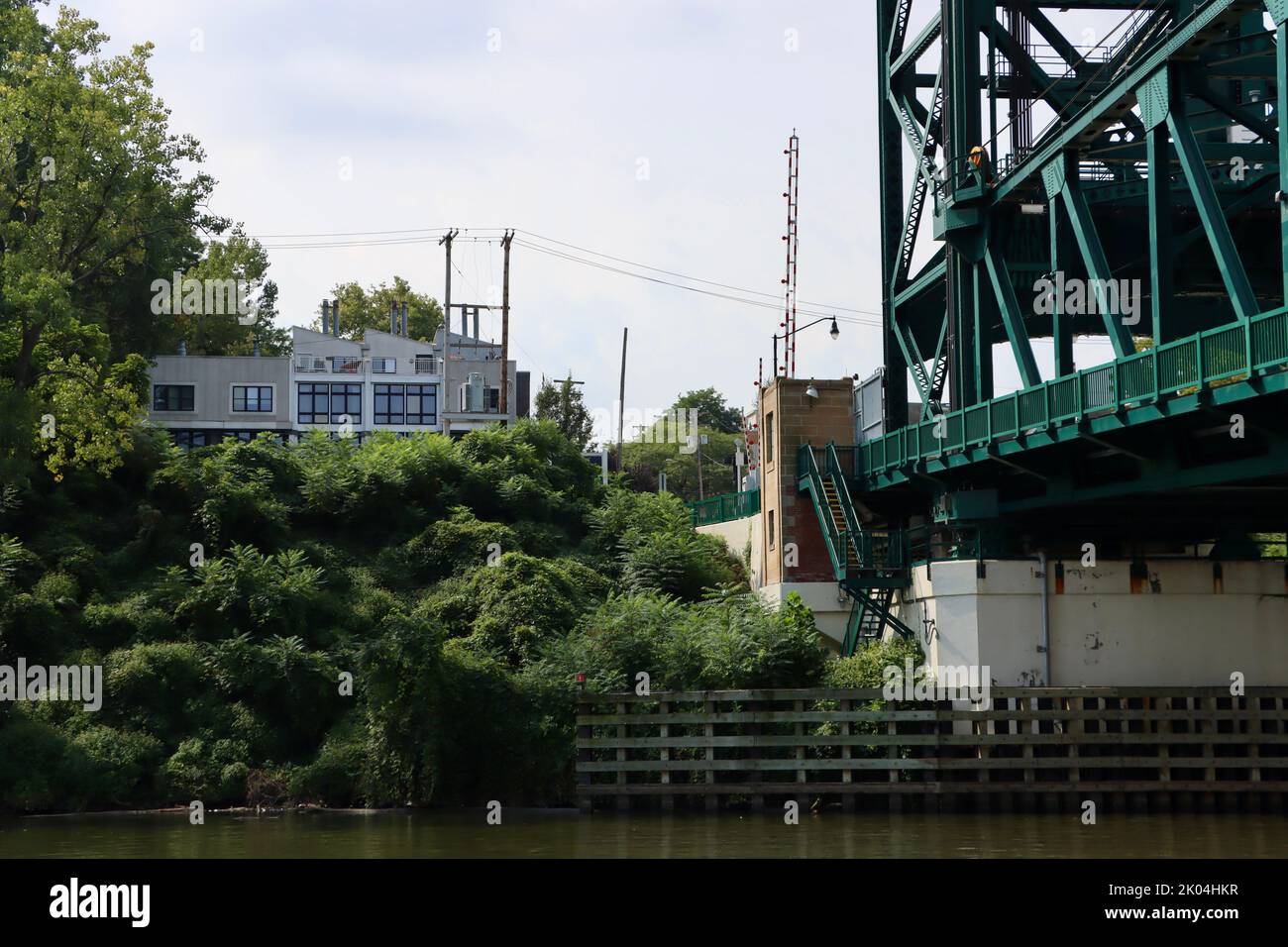 Columbus Road Lift Bridge over Cuyahoga river in Cleveland, Ohio. One of Clevelands 330 bridges ...