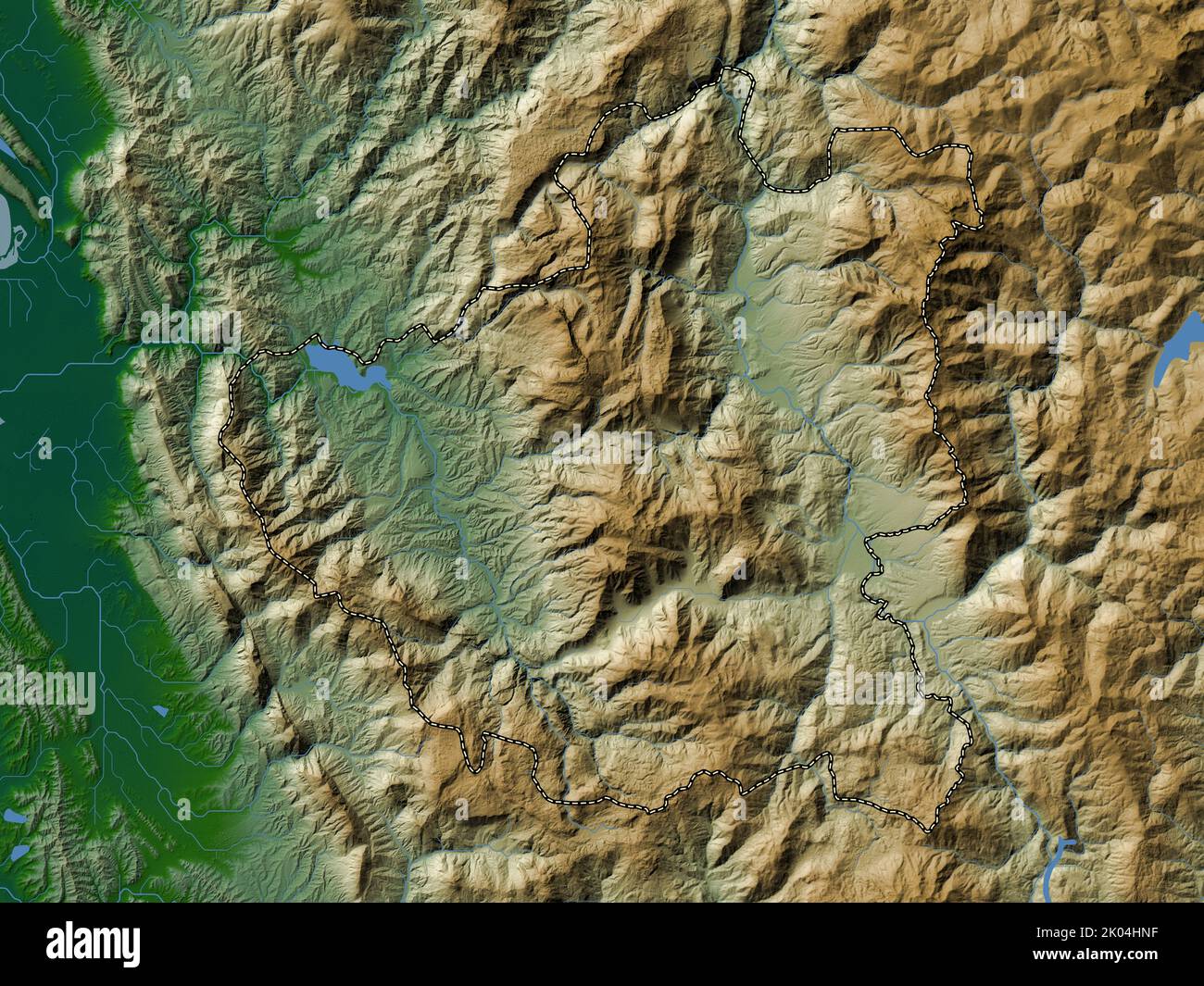 Diber, county of Albania. Colored elevation map with lakes and rivers ...