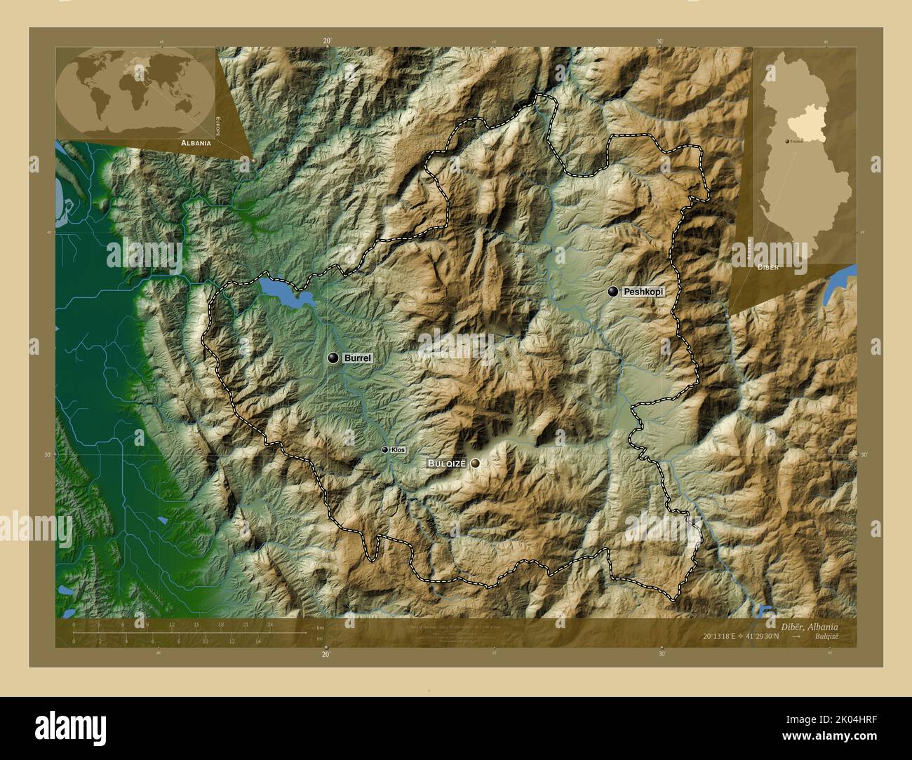 Diber, county of Albania. Colored elevation map with lakes and rivers ...