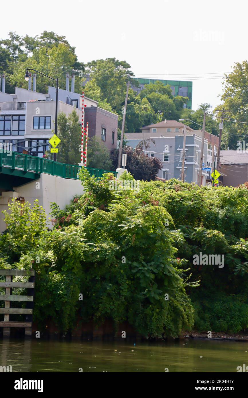 Buildings in lush vegetation next to Columbus Road Lift Bridge by ...