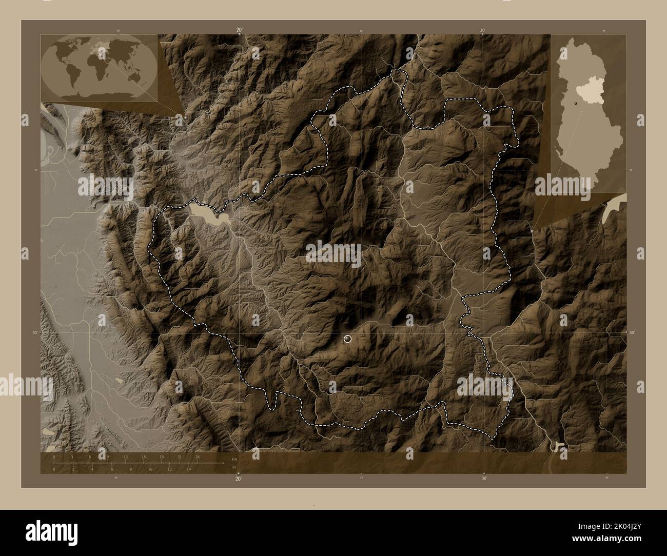 Diber, county of Albania. Elevation map colored in sepia tones with ...
