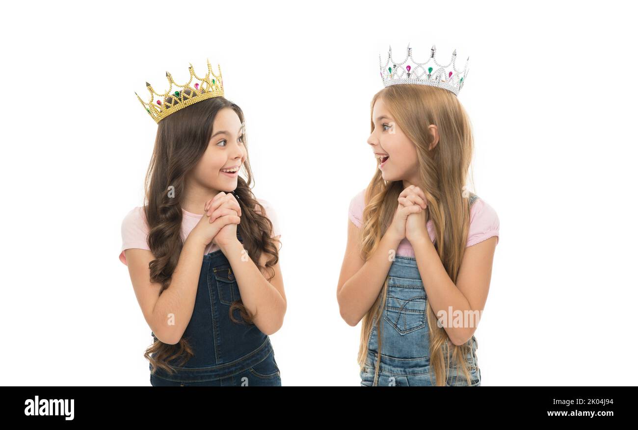 Girls wear crowns. Spoiled children concept. Egocentric princess. Kids ...