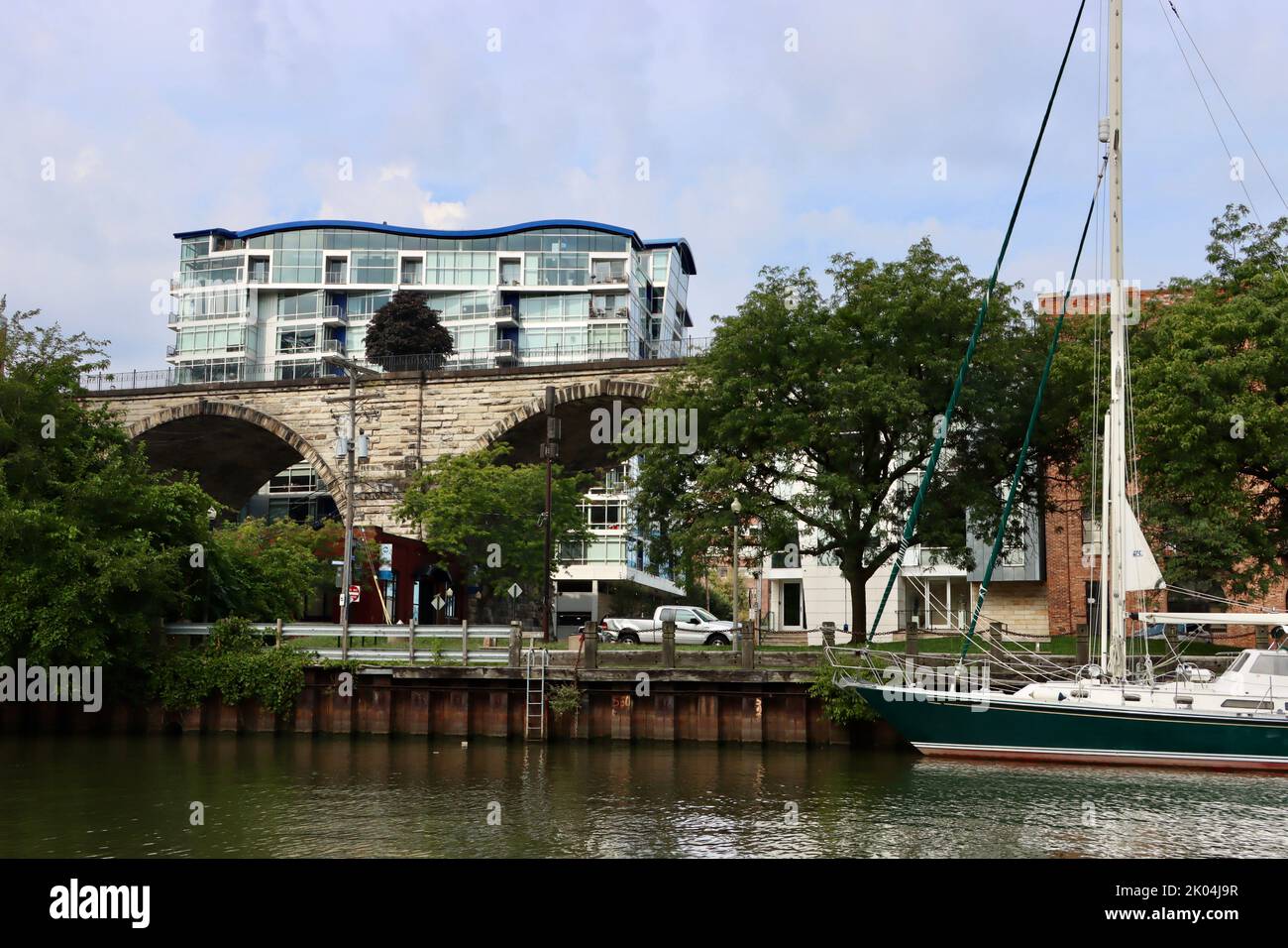 Swan sailboat docked on Cuyahoge river by Detroit-Superior bridge Stock ...