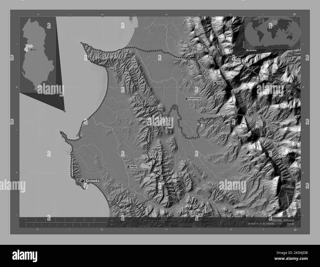 Durres, county of Albania. Bilevel elevation map with lakes and rivers ...