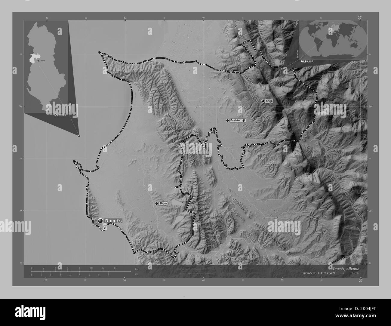 Durres, county of Albania. Grayscale elevation map with lakes and ...