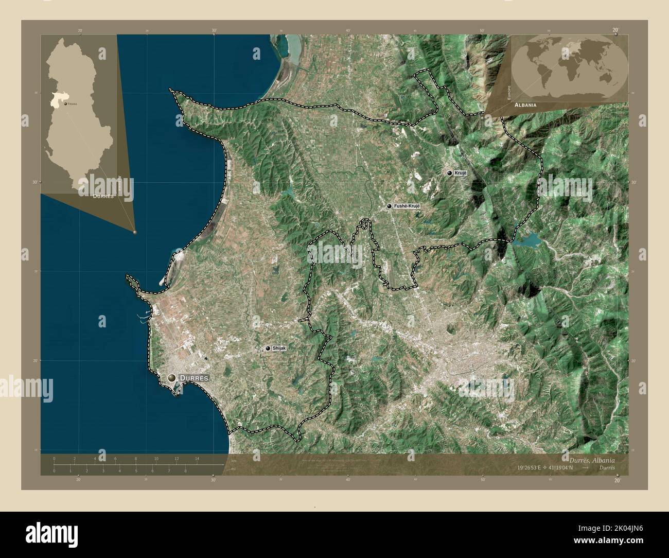 Durres, county of Albania. High resolution satellite map. Locations and names of major cities of ...