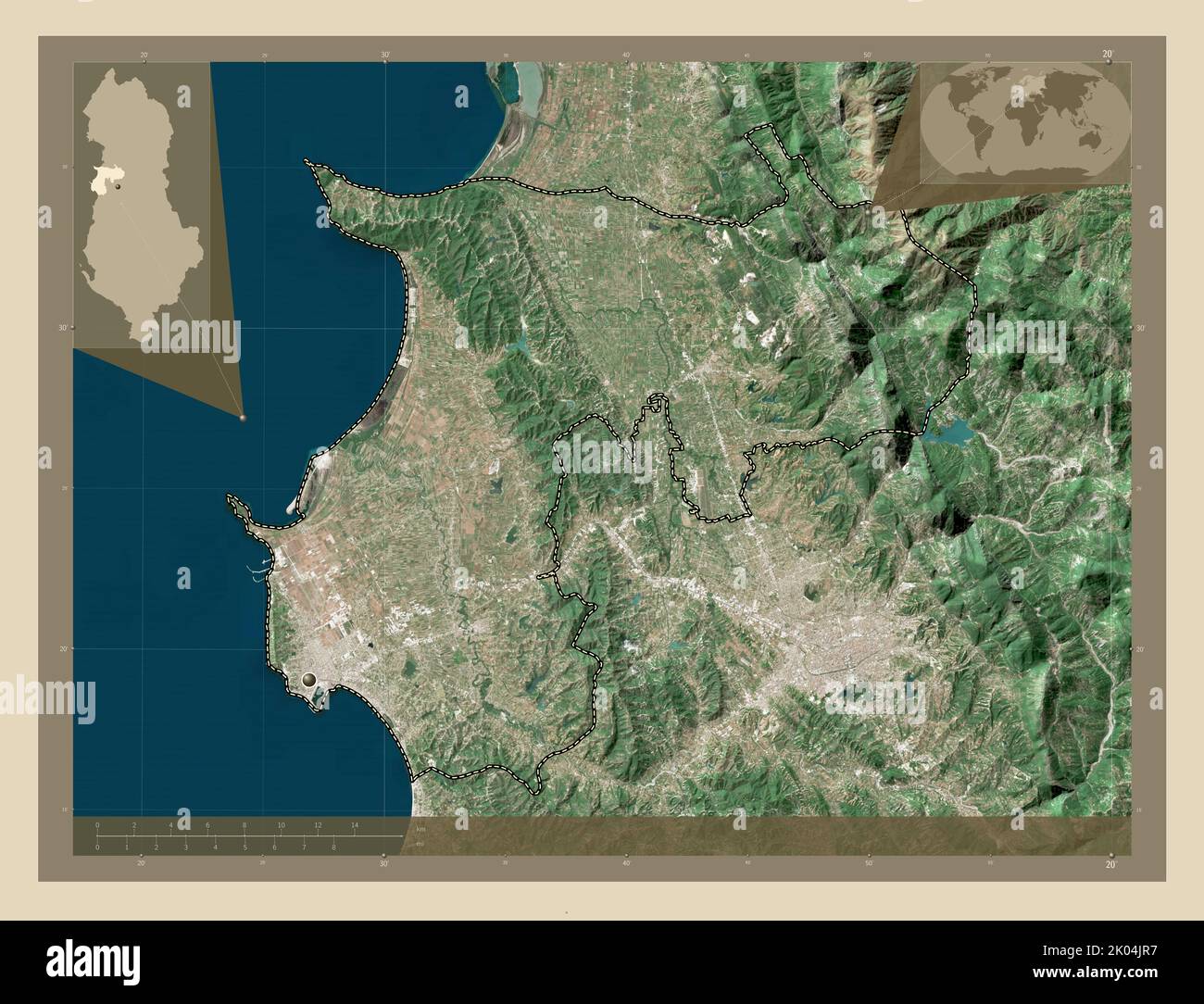 Durres, county of Albania. High resolution satellite map. Corner ...