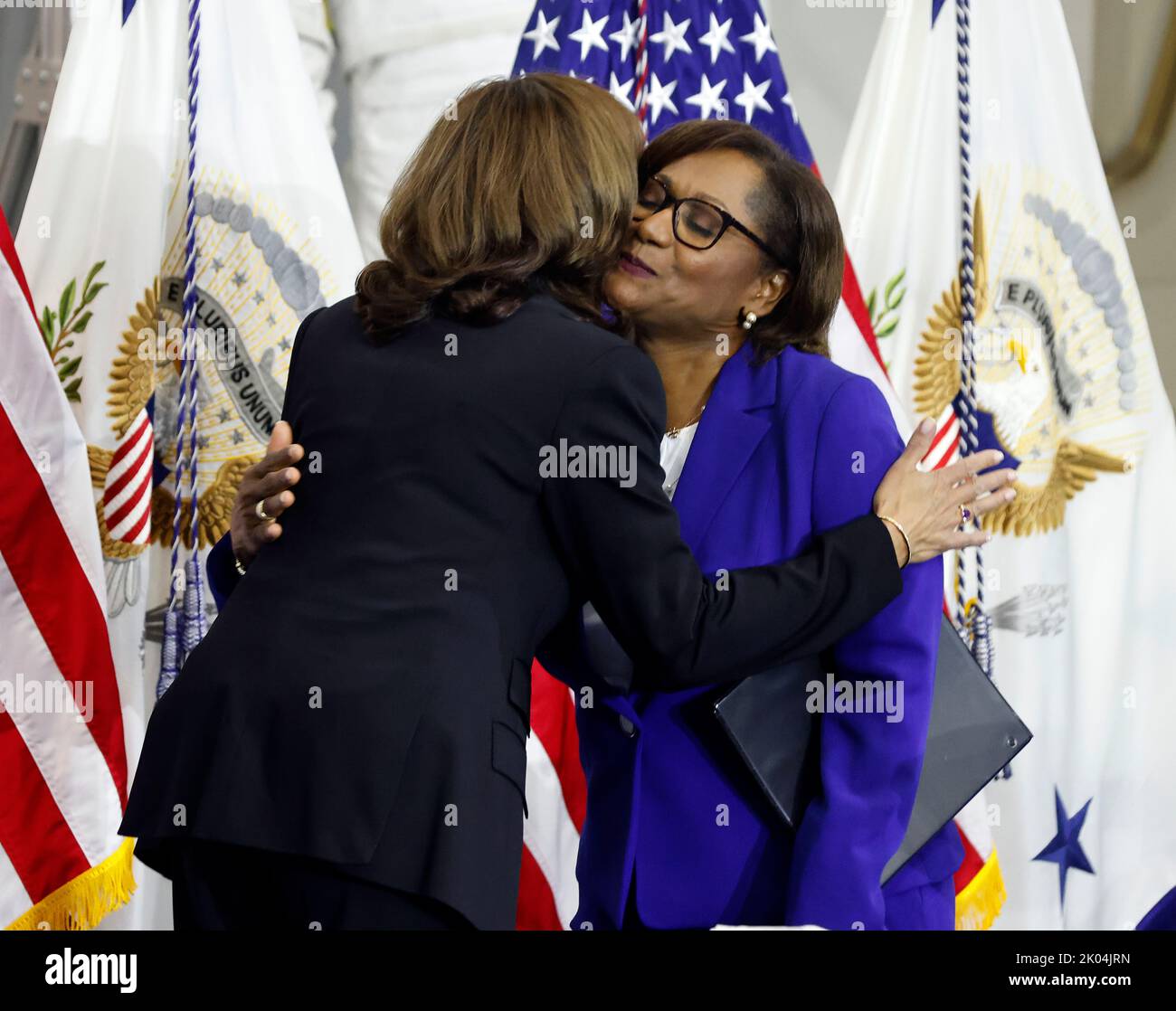 Vice President Kamala Harris(L) hugs Stacey Dixon (R) before speaking ...