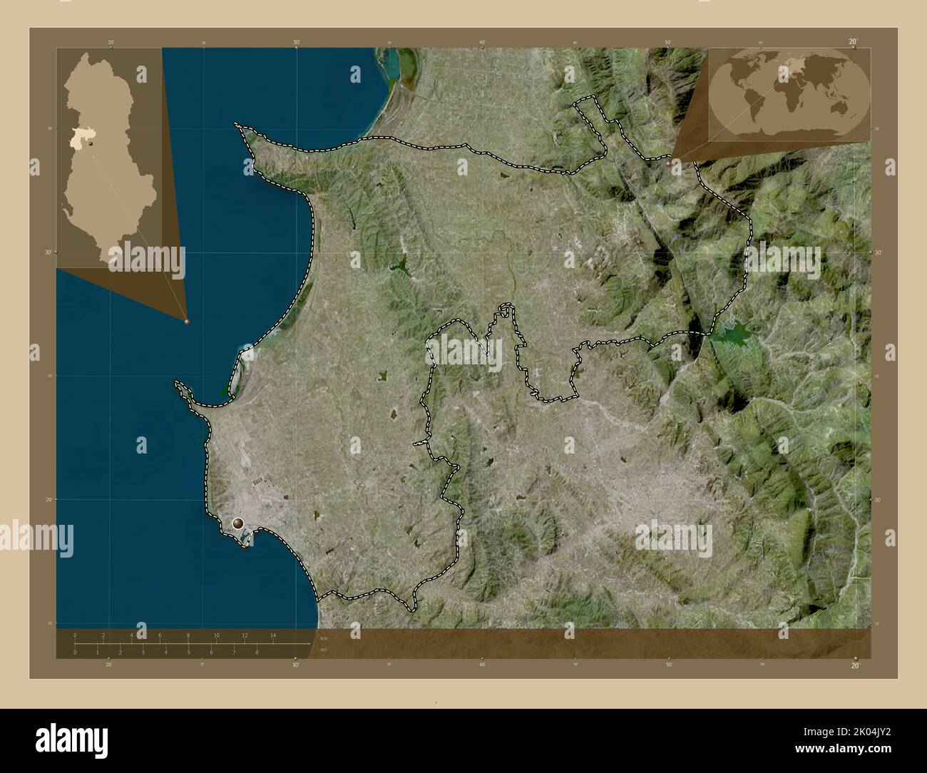 Durres, county of Albania. Low resolution satellite map. Corner ...