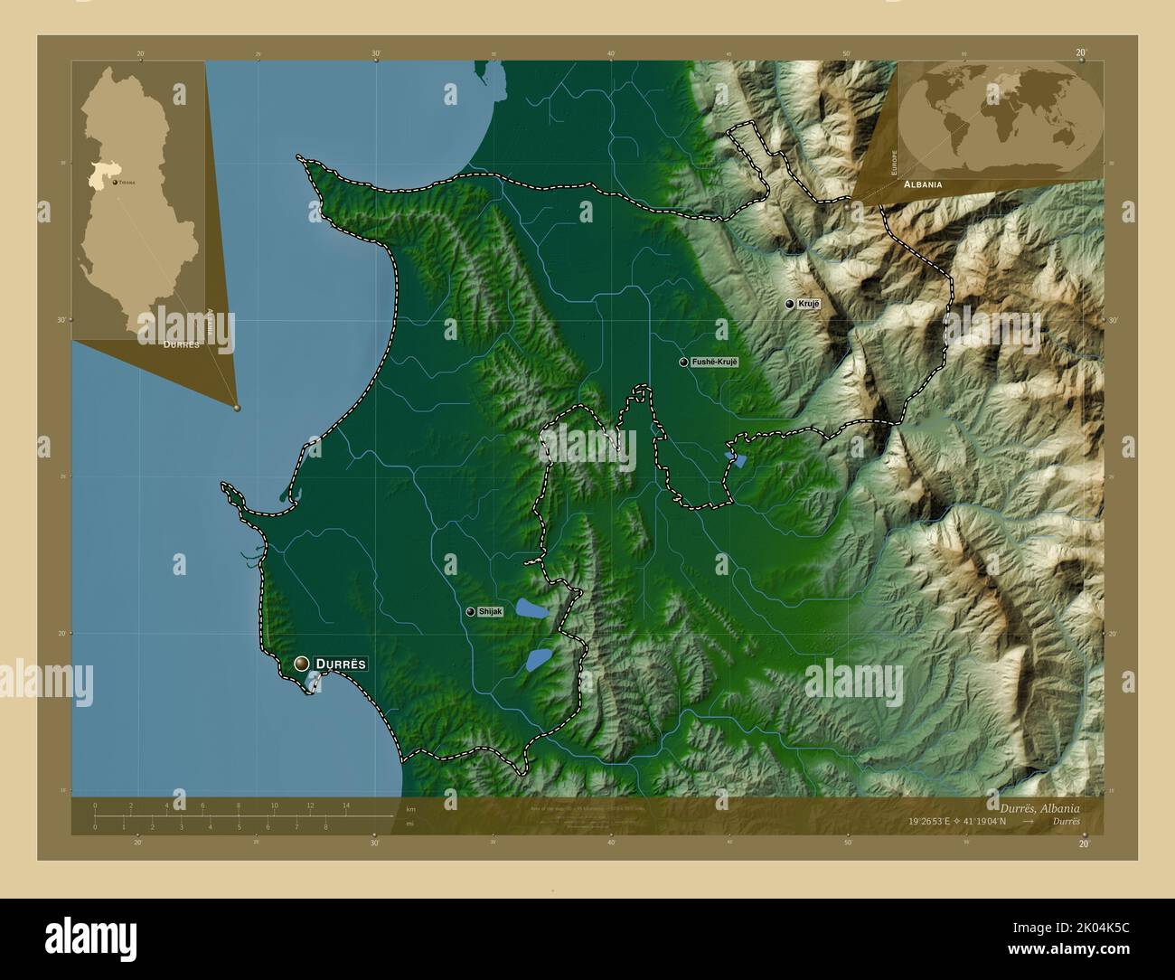 Durres, county of Albania. Colored elevation map with lakes and rivers ...