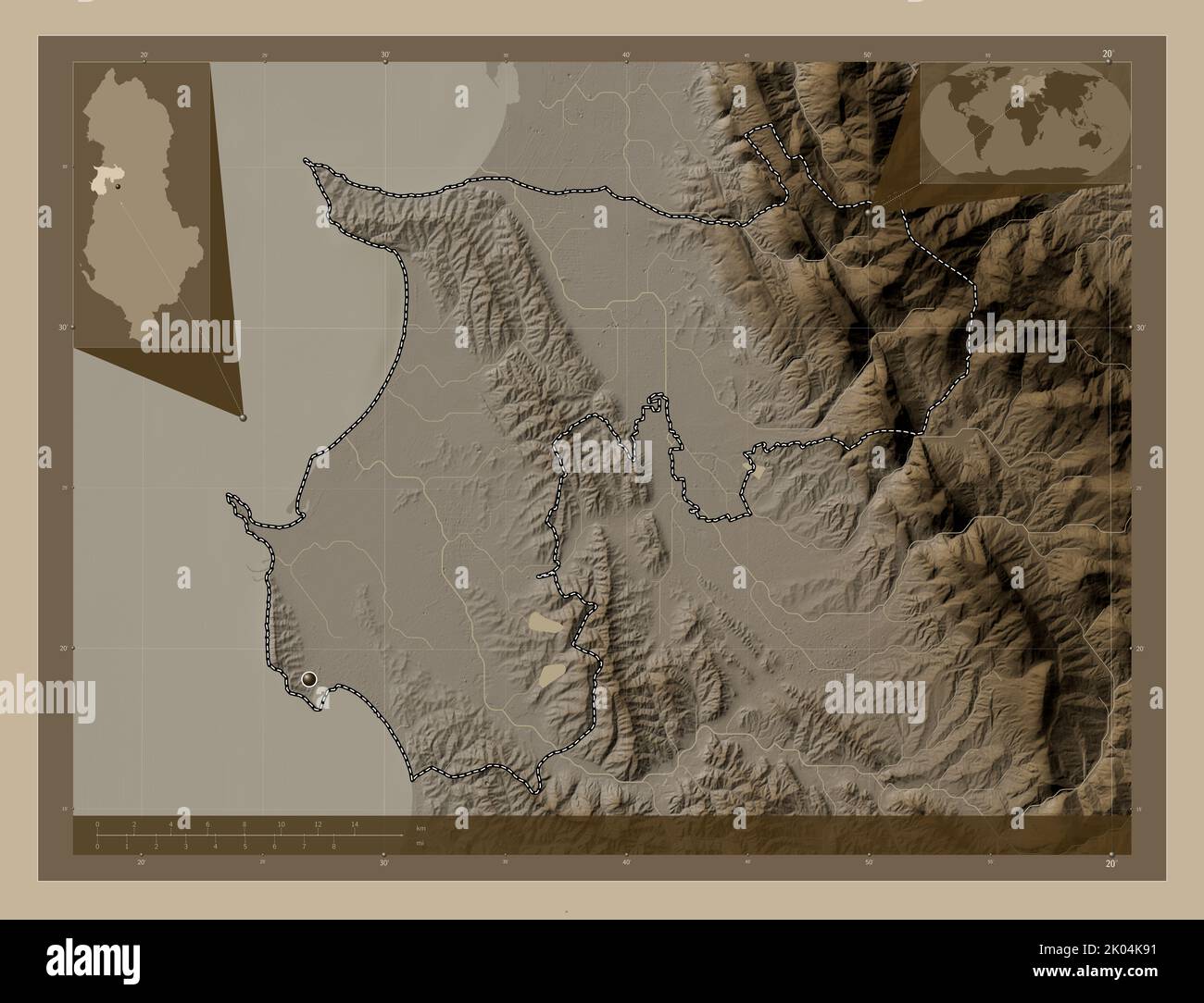 Durres, county of Albania. Elevation map colored in sepia tones with ...