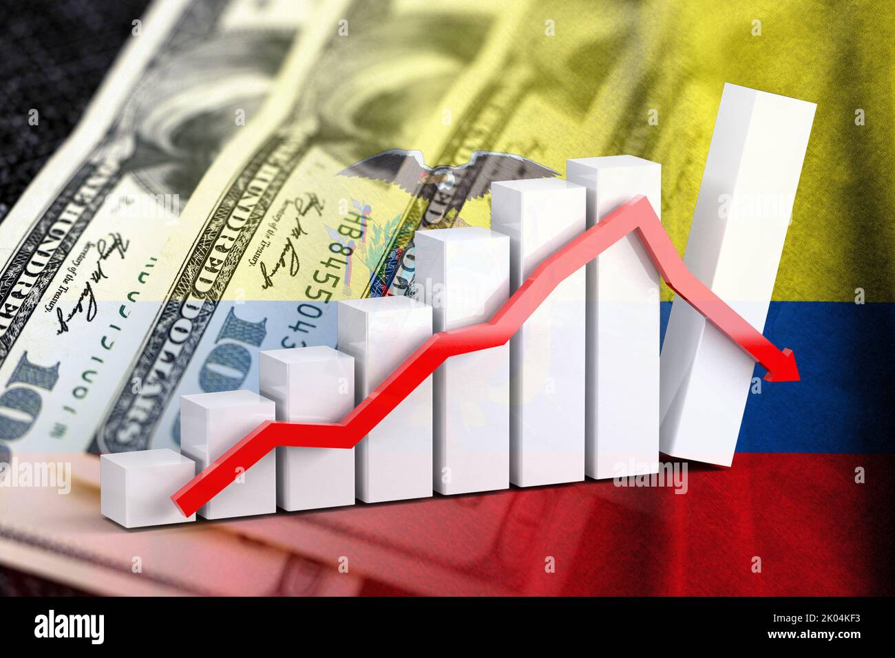 Economy Graph: Downward Arrow, Cash Dollar Bills and Ecuador Flag ...