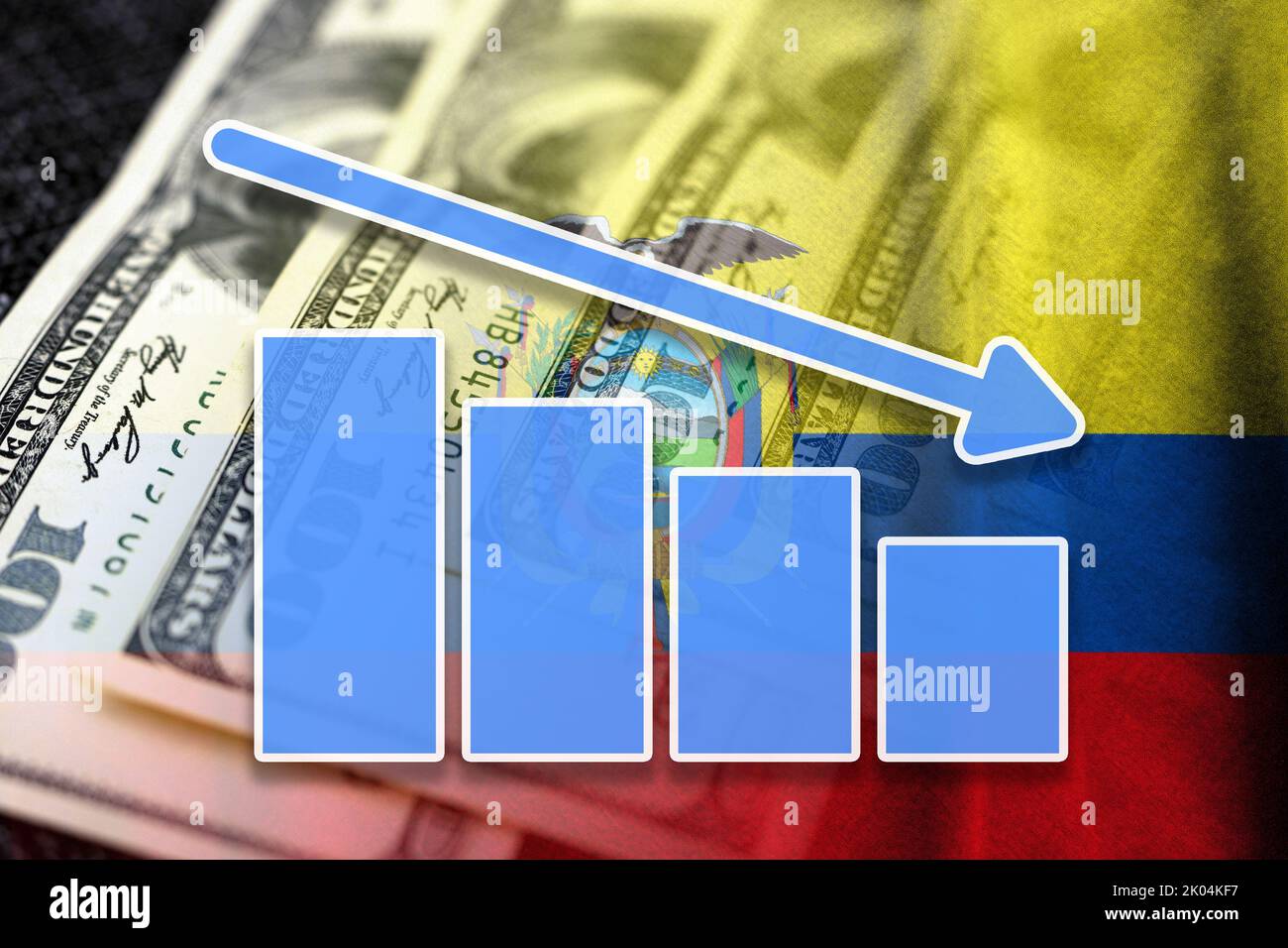 Economy Graph: Downward Arrow, Cash Dollar Bills and Ecuador Flag ...