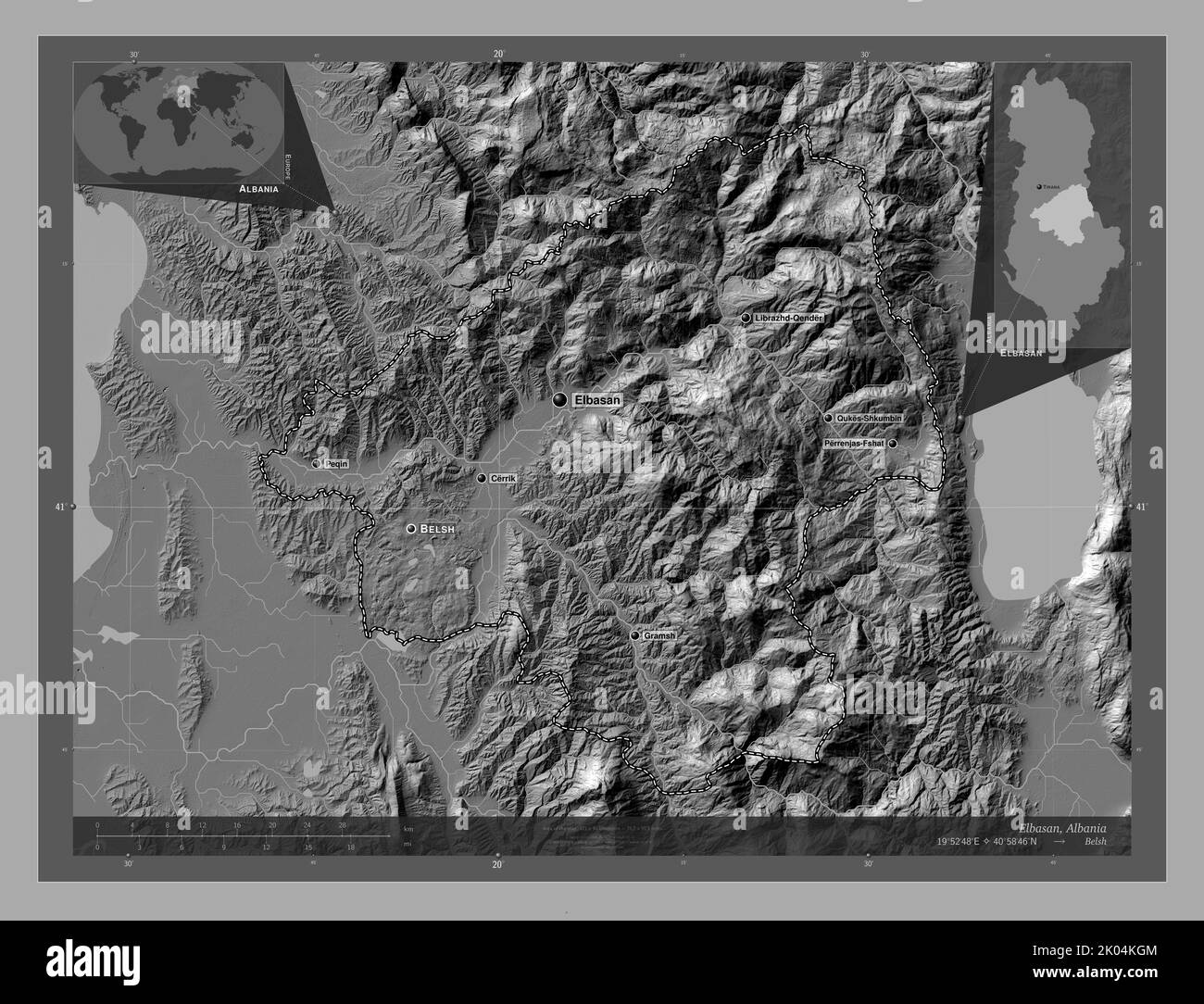 Elbasan, county of Albania. Bilevel elevation map with lakes and rivers ...