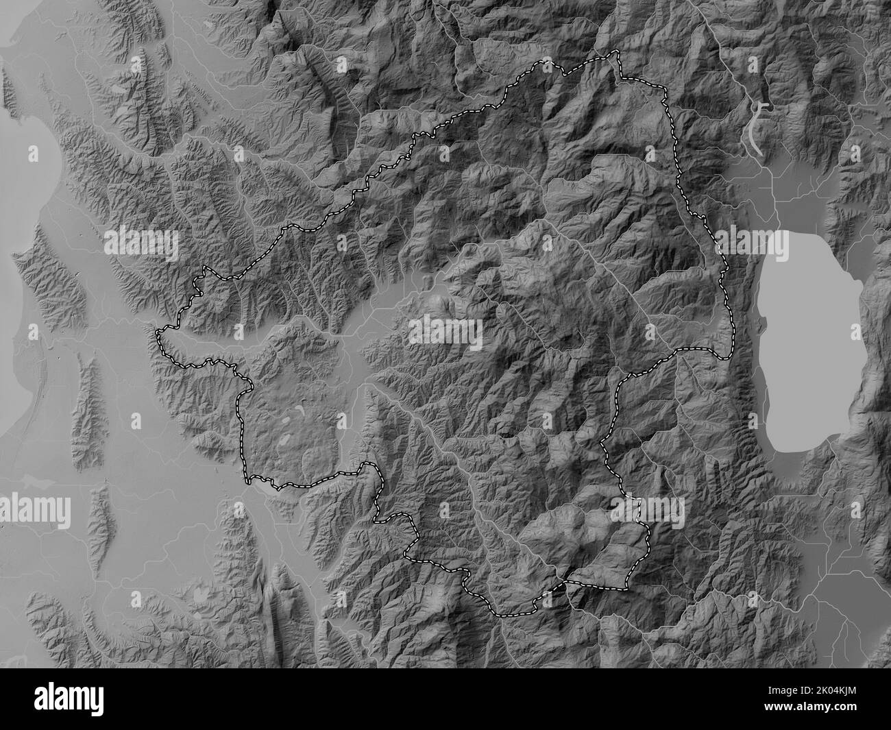 Elbasan, county of Albania. Grayscale elevation map with lakes and ...