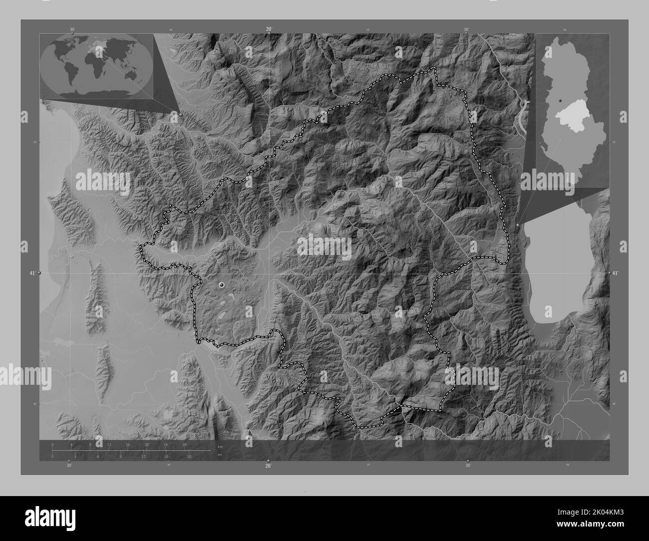 Elbasan, county of Albania. Grayscale elevation map with lakes and ...