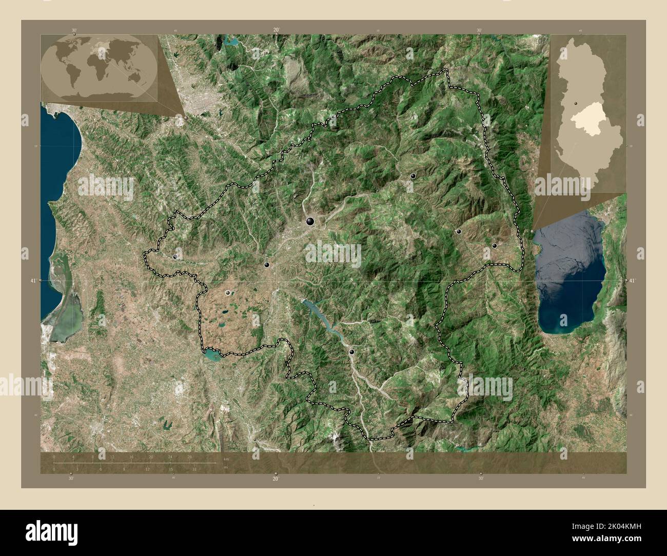 Elbasan, county of Albania. High resolution satellite map. Locations of major cities of the ...