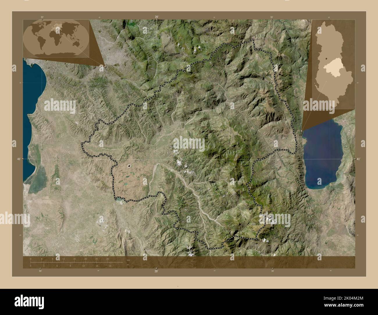 Elbasan, county of Albania. Low resolution satellite map. Corner ...