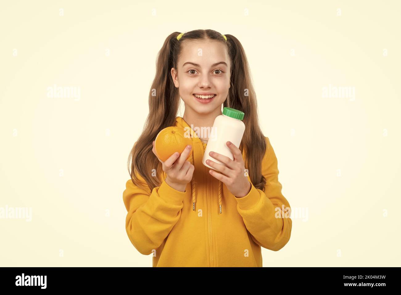 cute girl. effervescent tablet for kids. happy girl hold multivitamin ...
