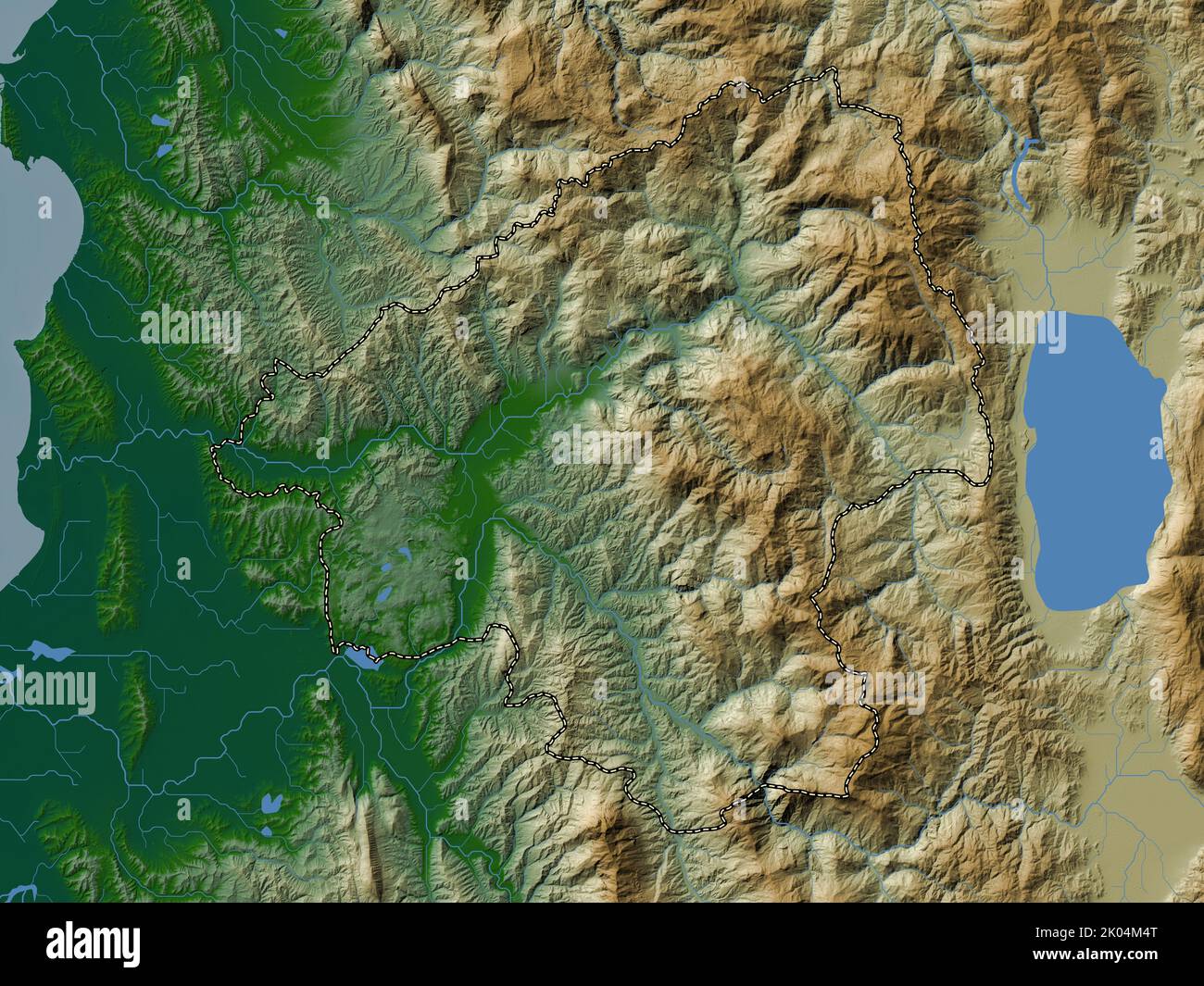 Elbasan, county of Albania. Colored elevation map with lakes and rivers ...
