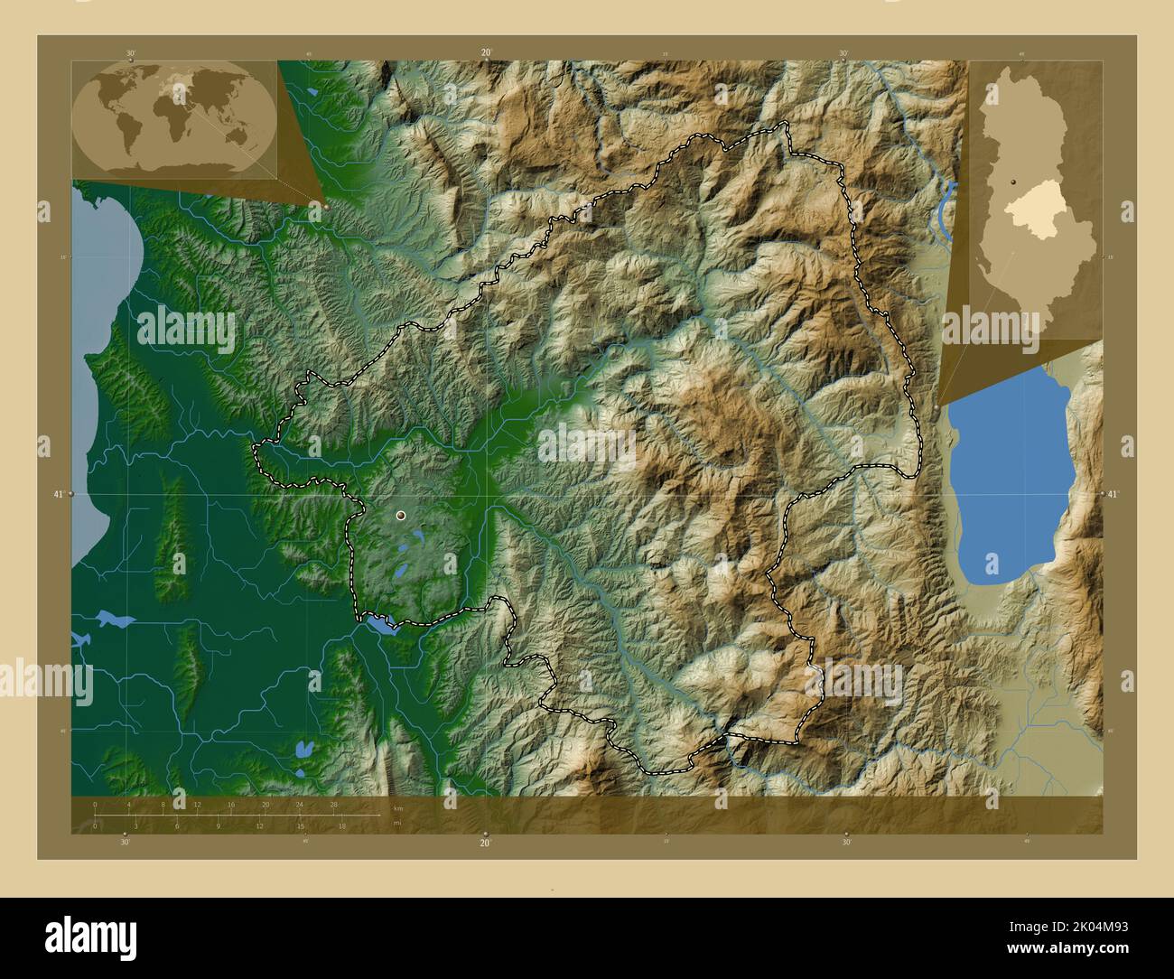 Elbasan, county of Albania. Colored elevation map with lakes and rivers ...