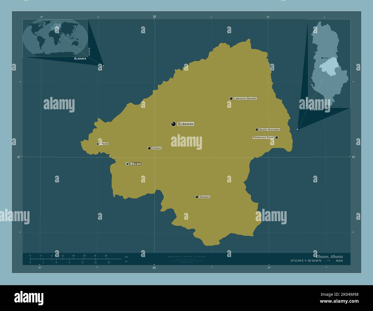 Elbasan, county of Albania. Solid color shape. Locations and names of ...