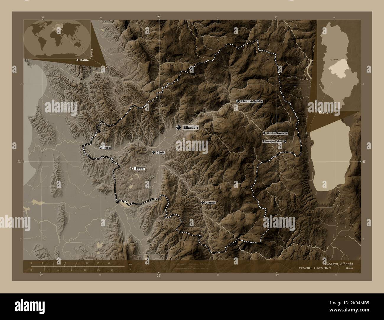 Elbasan, county of Albania. Elevation map colored in sepia tones with ...