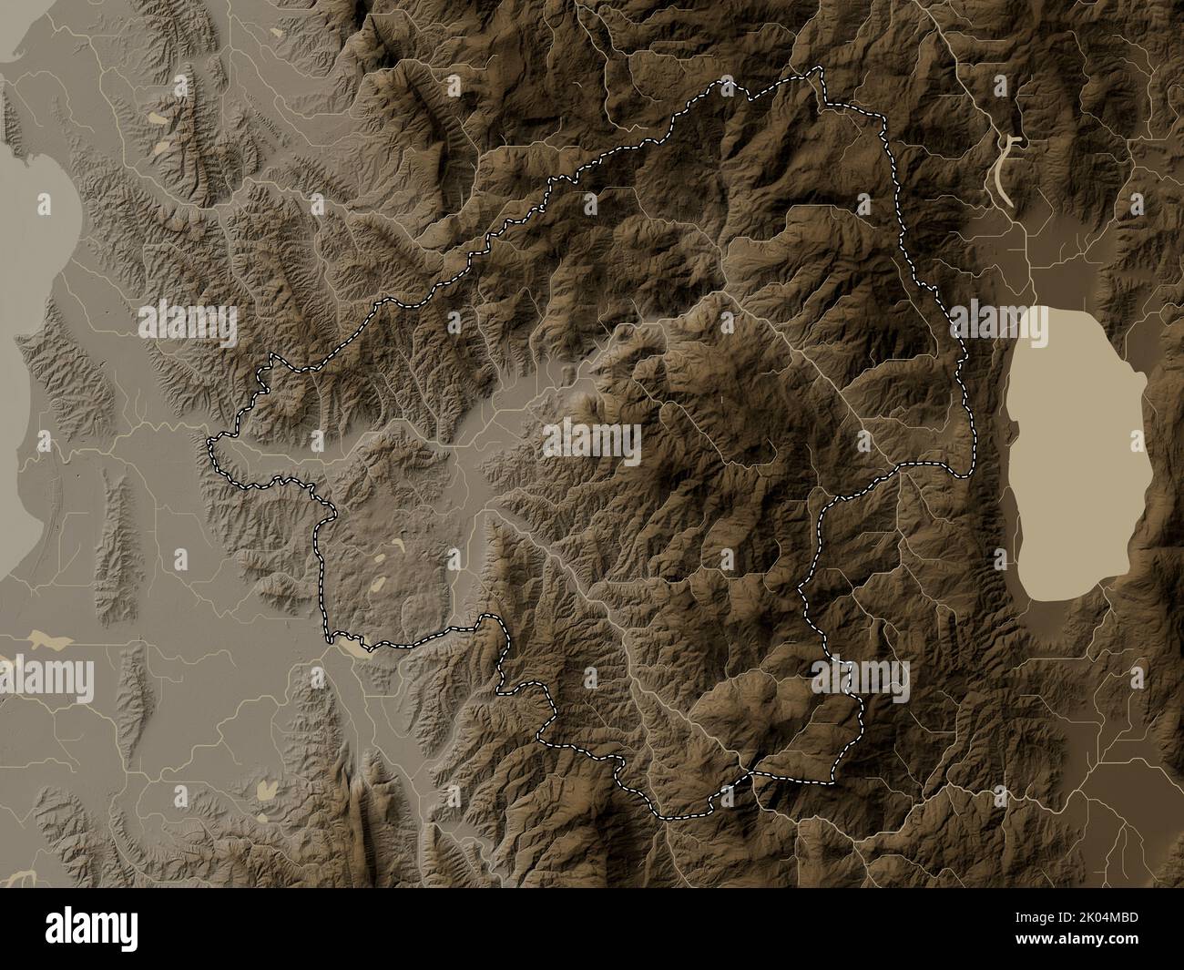 Elbasan, county of Albania. Elevation map colored in sepia tones with ...