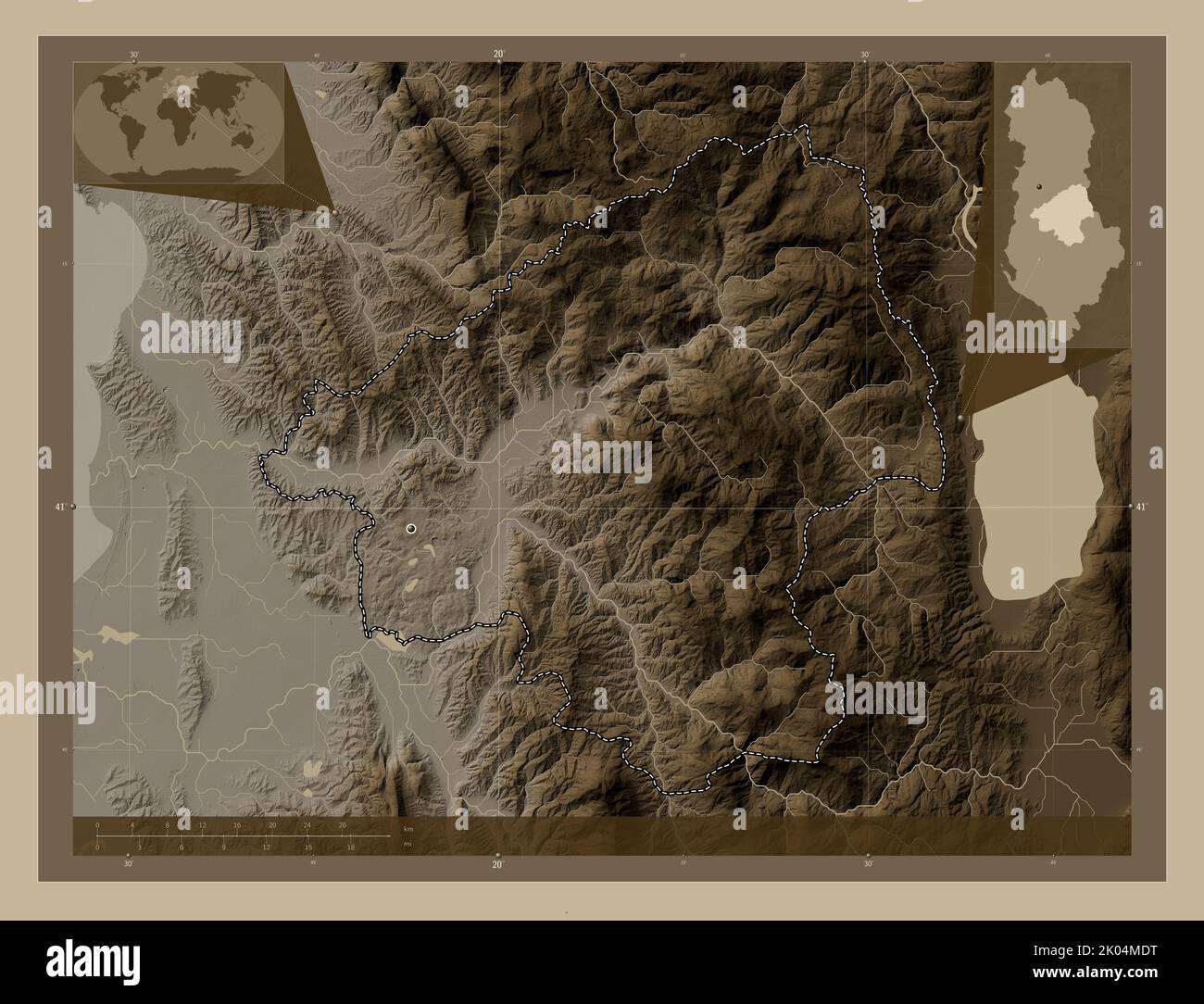 Elbasan, county of Albania. Elevation map colored in sepia tones with ...