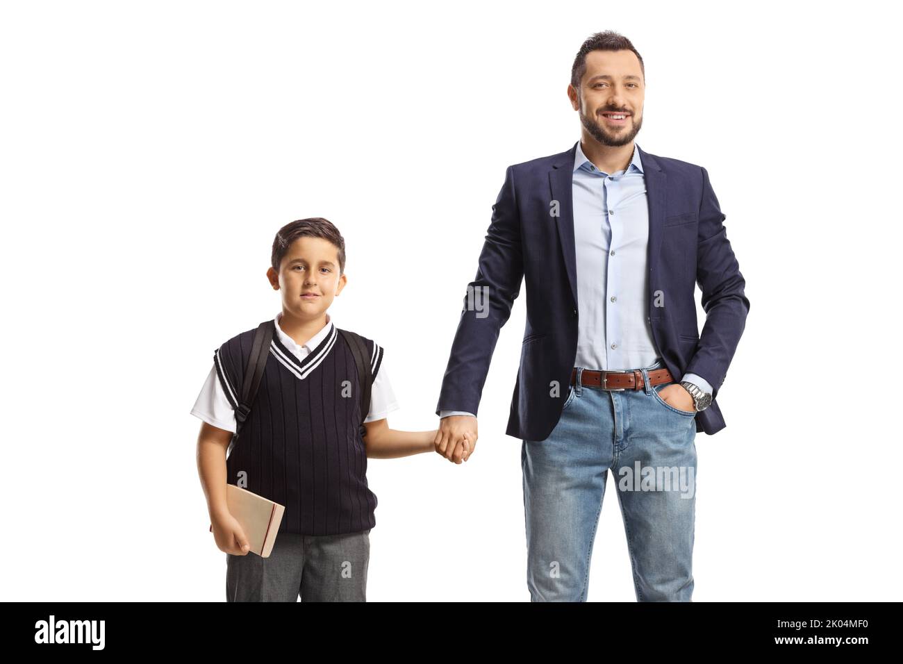 Father and schoolboy holding hands isolated on white background Stock ...