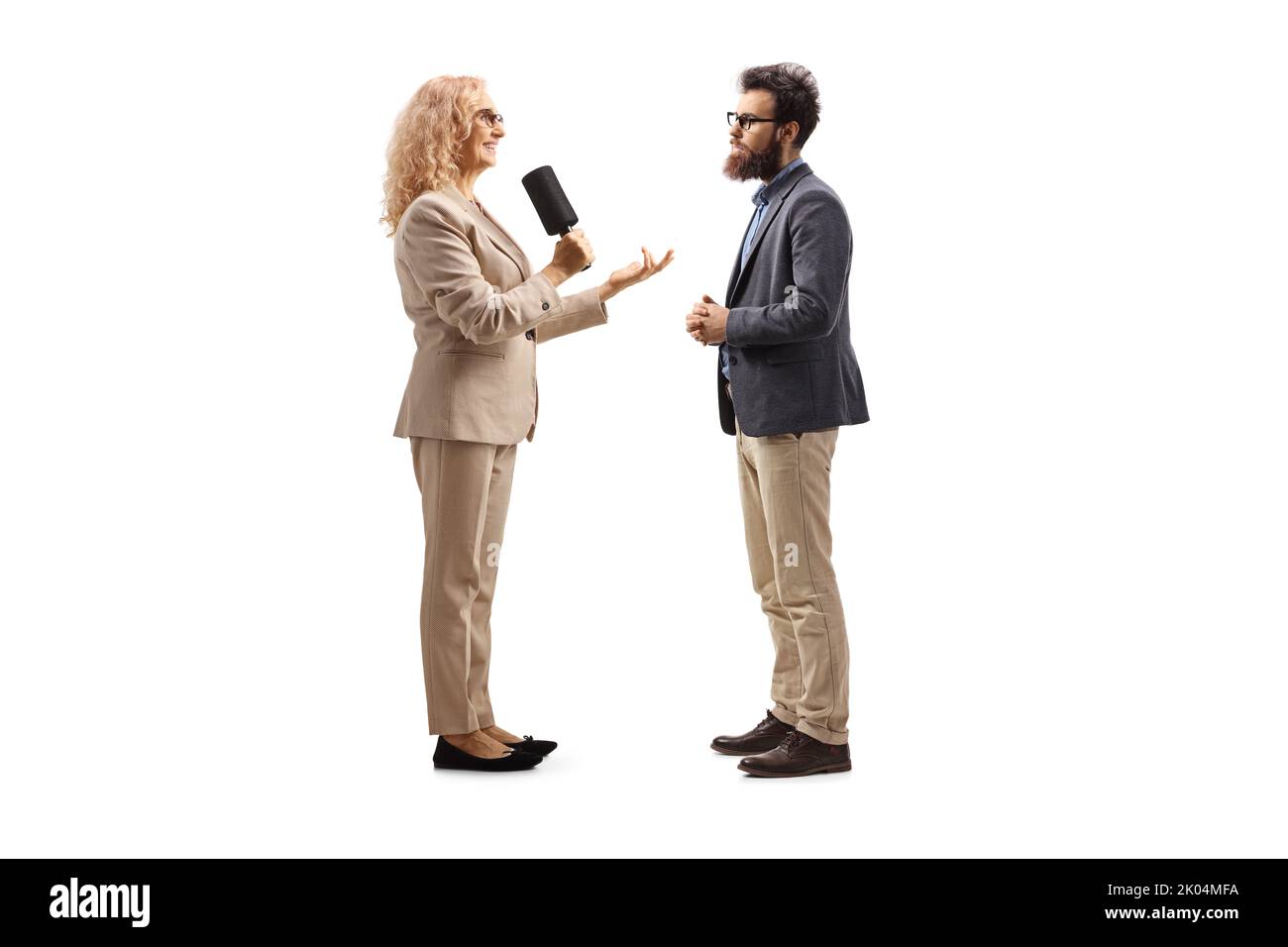 Female reporter interviewing a man isolated on white background Stock ...